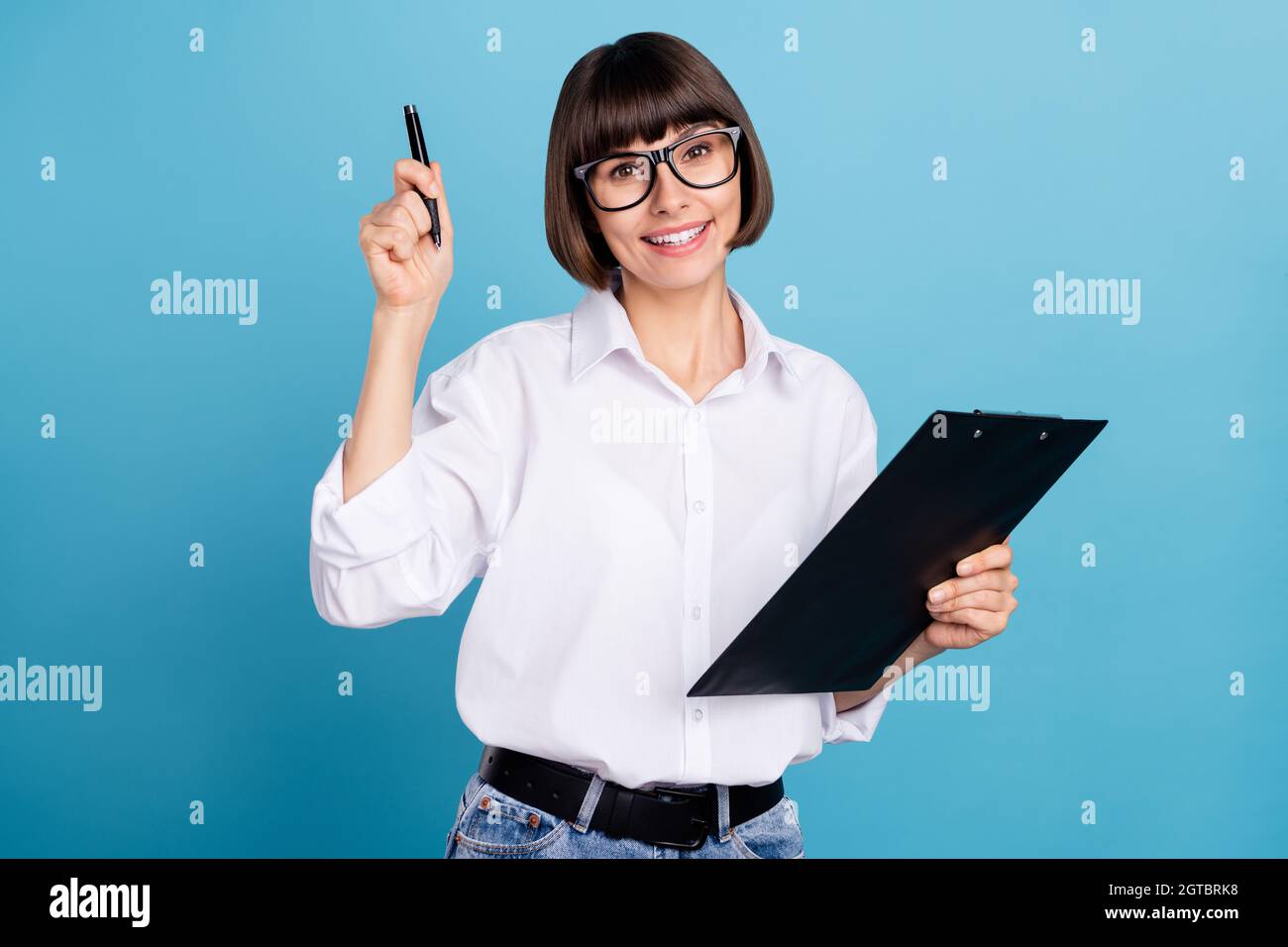 Portrait of attractive cheerful smart clever girl secretary assistant ...