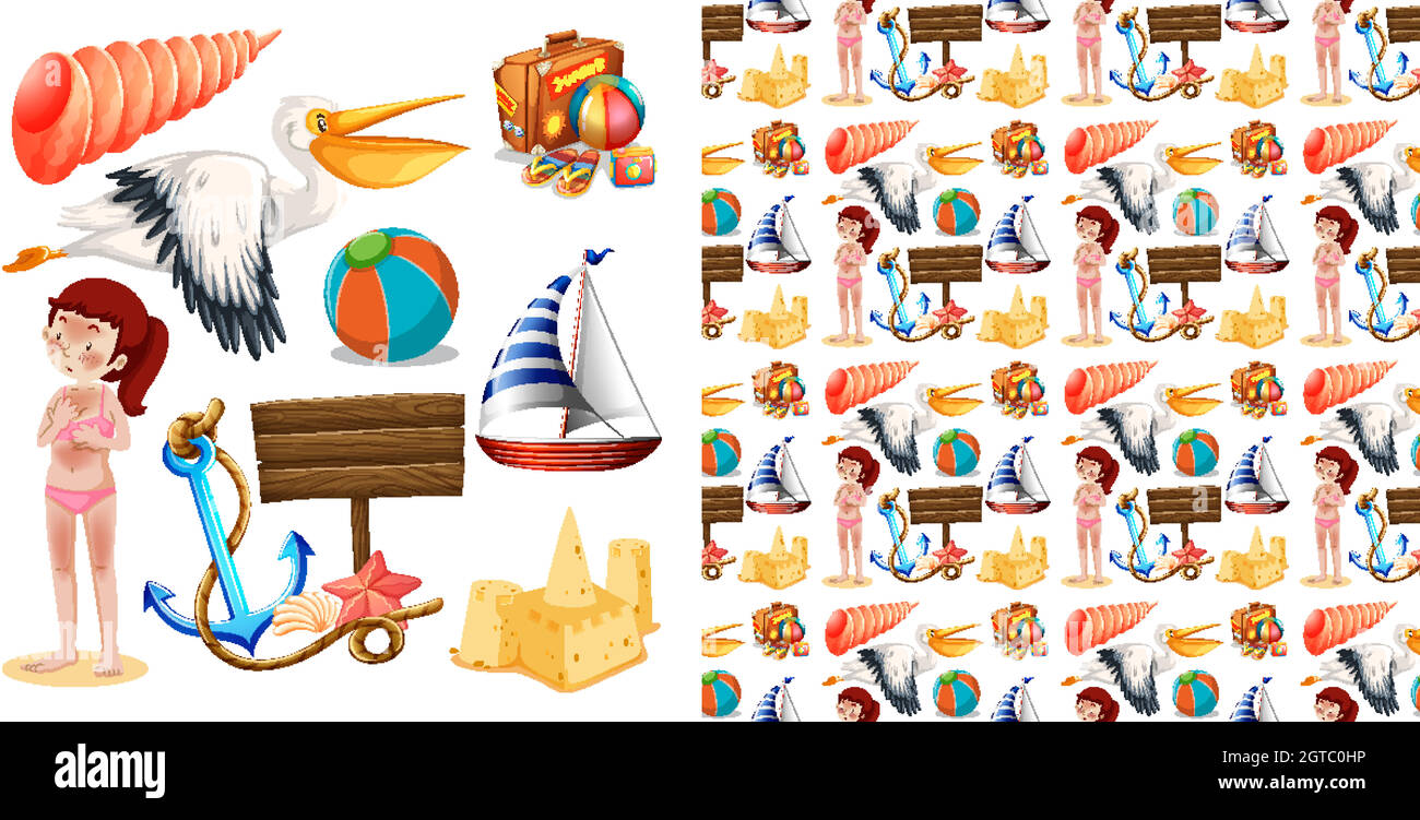 Set of seamless background design with isolated objects theme - summer ...