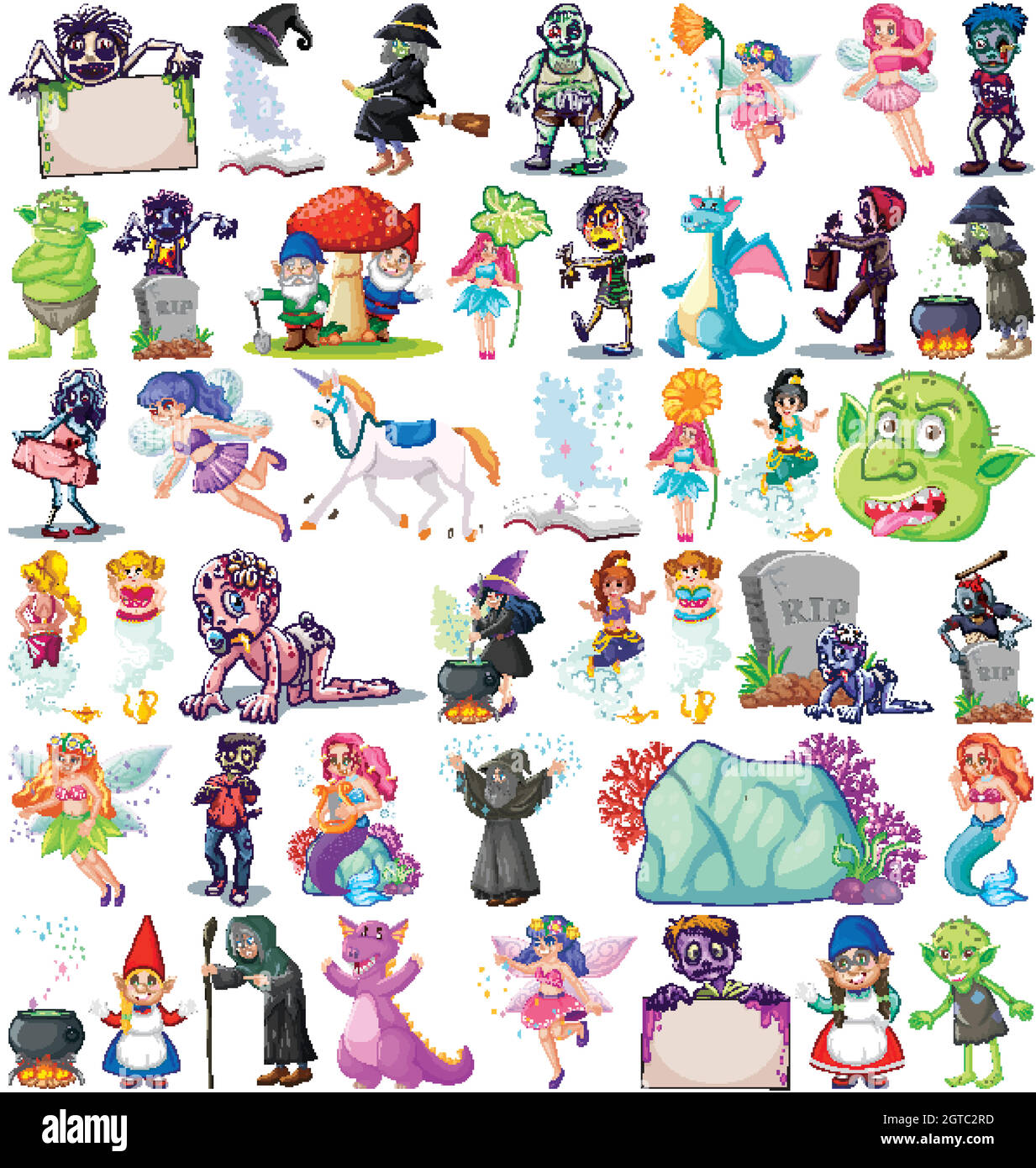 Set of fantasy cartoon characters and fantasy theme isolated on white ...