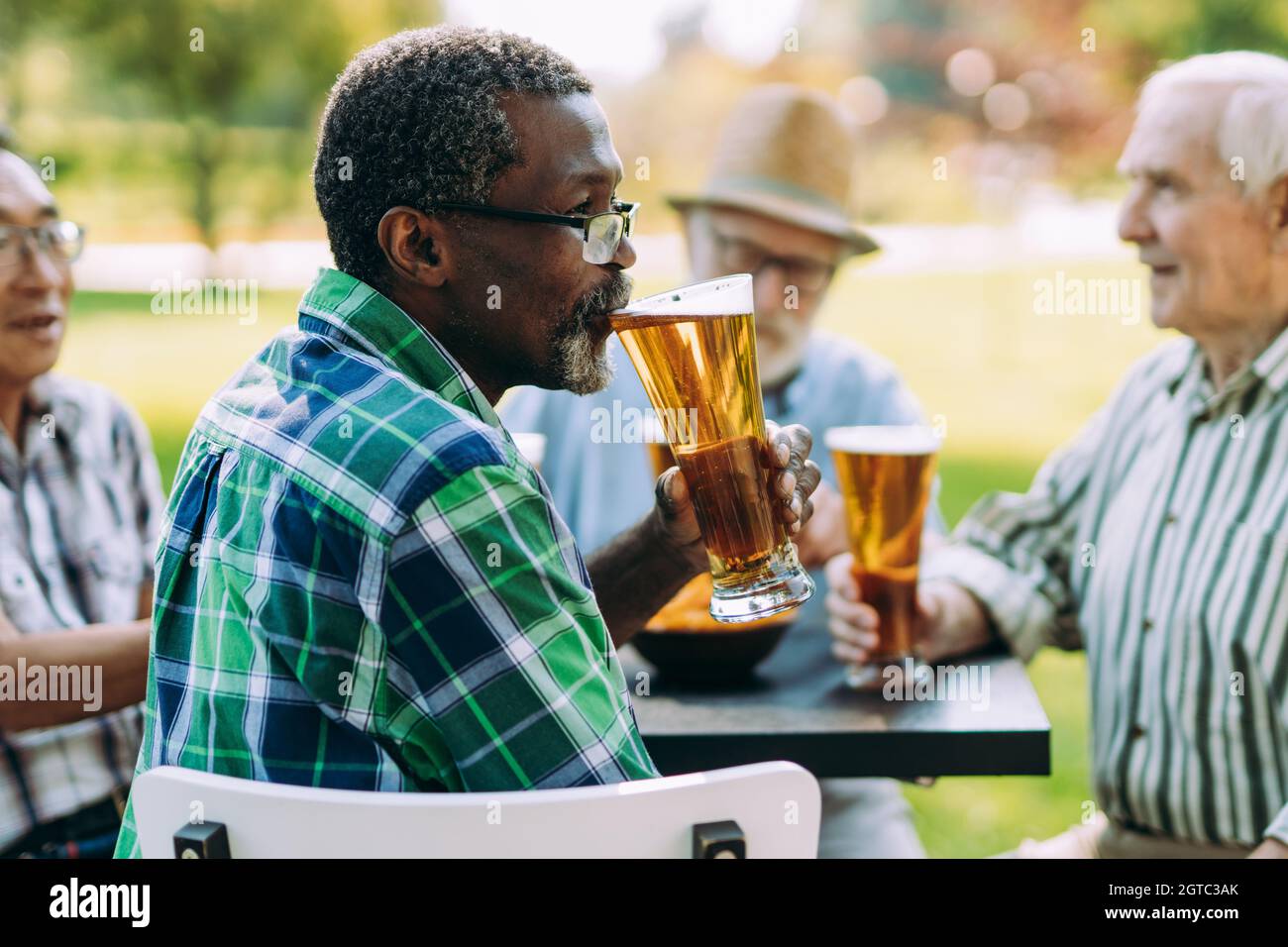 group of senior friends drinking a beer at the park. Lifestyle concepts ...