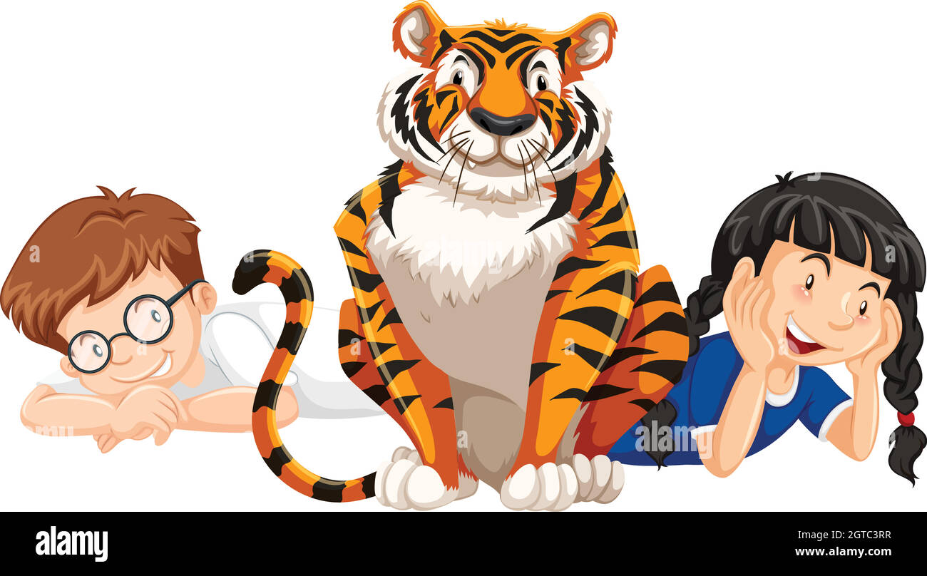 Happy kids and tiger on white background Stock Vector Image & Art - Alamy