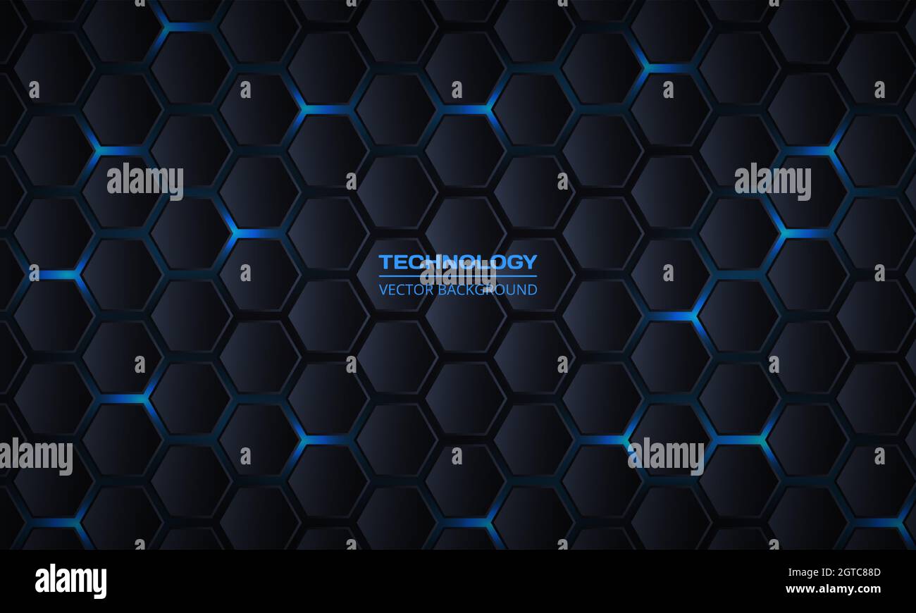 Dark gray hexagonal technology vector abstract background. Blue bright energy flashes under ...