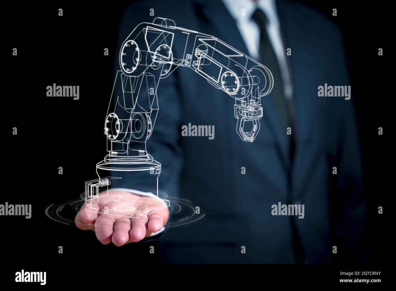 Line graphics depicting a robot's arm on a businessman's hand. Concept ...