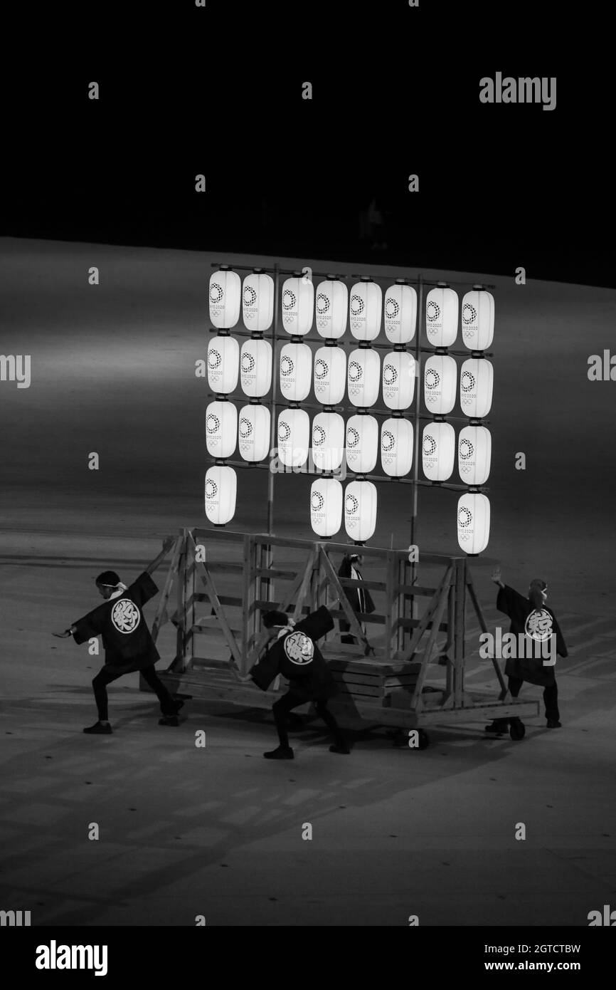 JULY 23rd, 2021 - TOKYO, JAPAN: the Olympic Rings are brought while ...