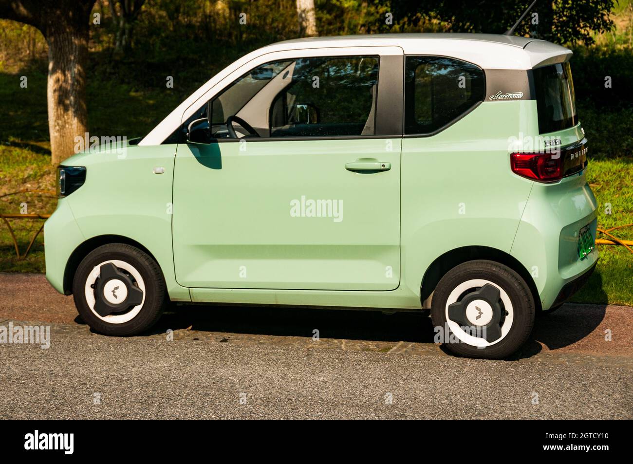 Stationary shot of the Wuling Hongguang Mini EV Macaron taken in Suzhou ...