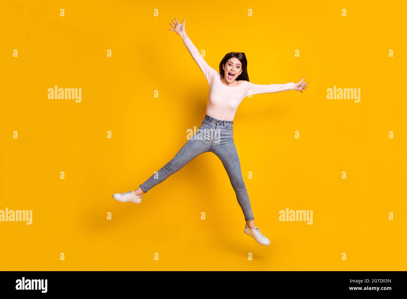 Full size photo of young crazy excited funky funny smiling woman ...