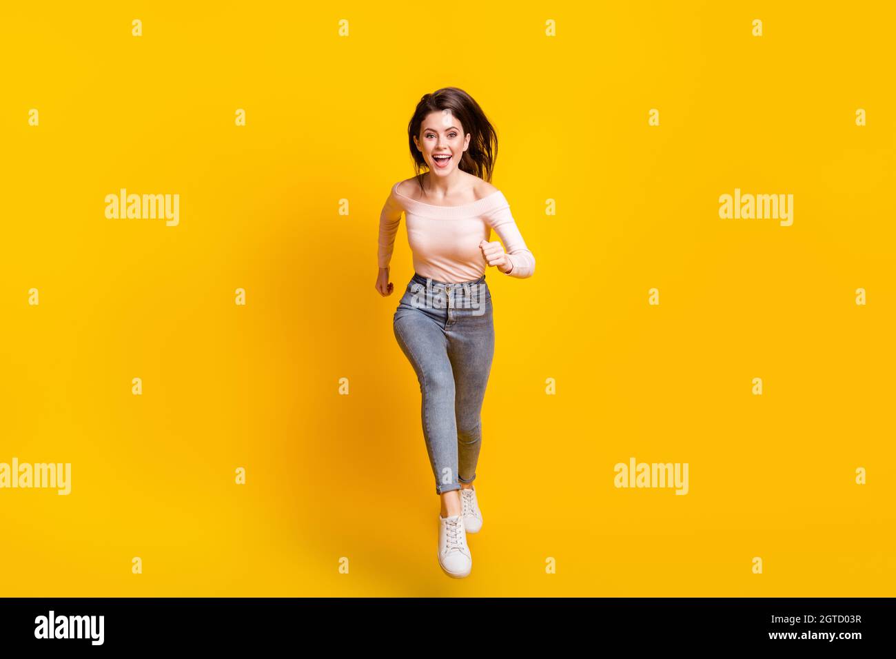 Full size photo of young happy excited beautiful charming girl running ...