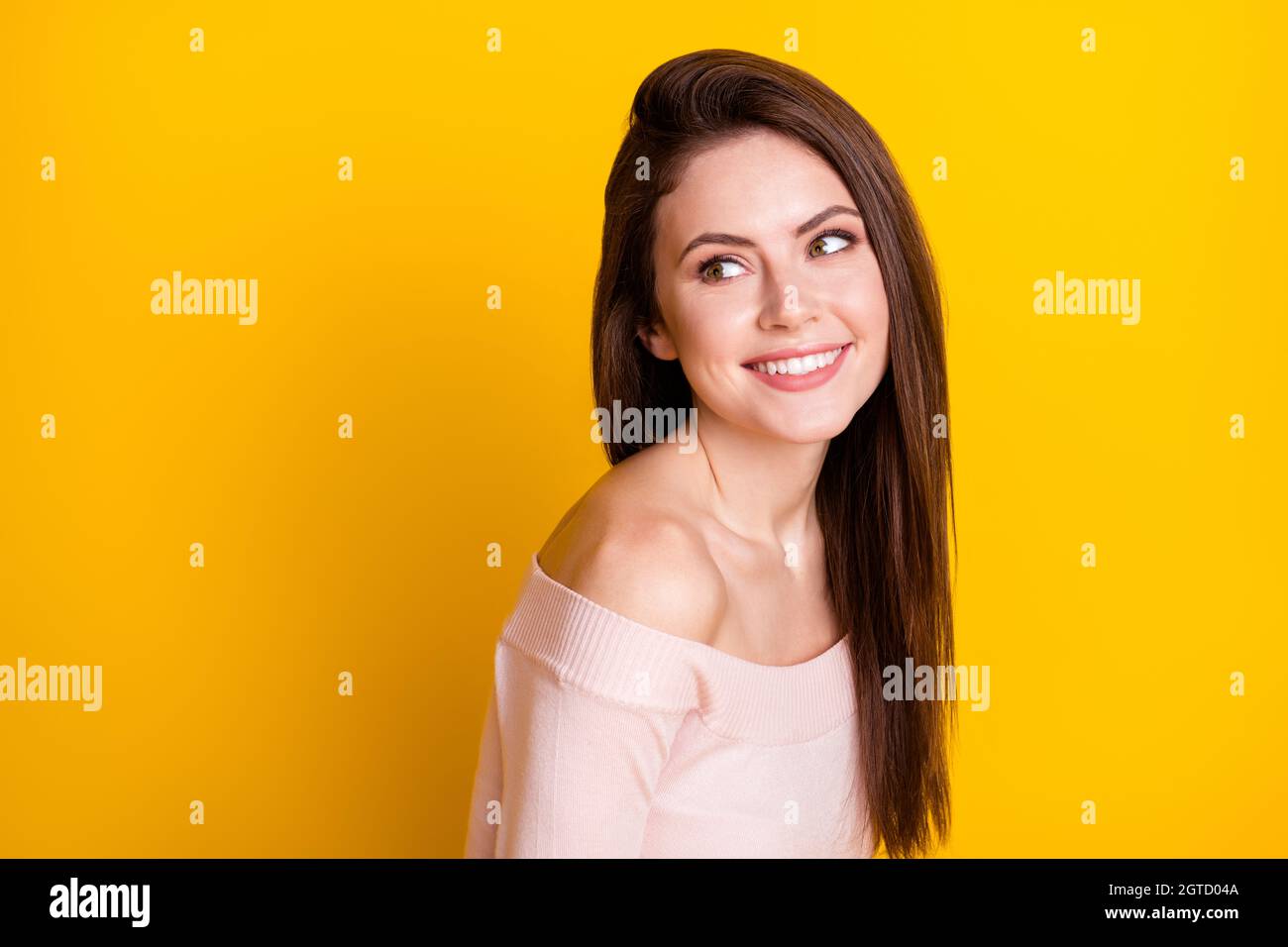 Photo of charming cute young woman dressed off-shoulders sweater ...