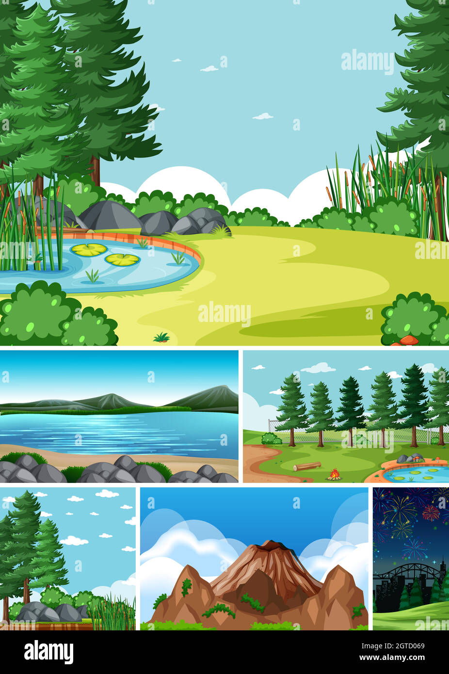Six different scenes in nature setting cartoon style Stock Vector Image ...