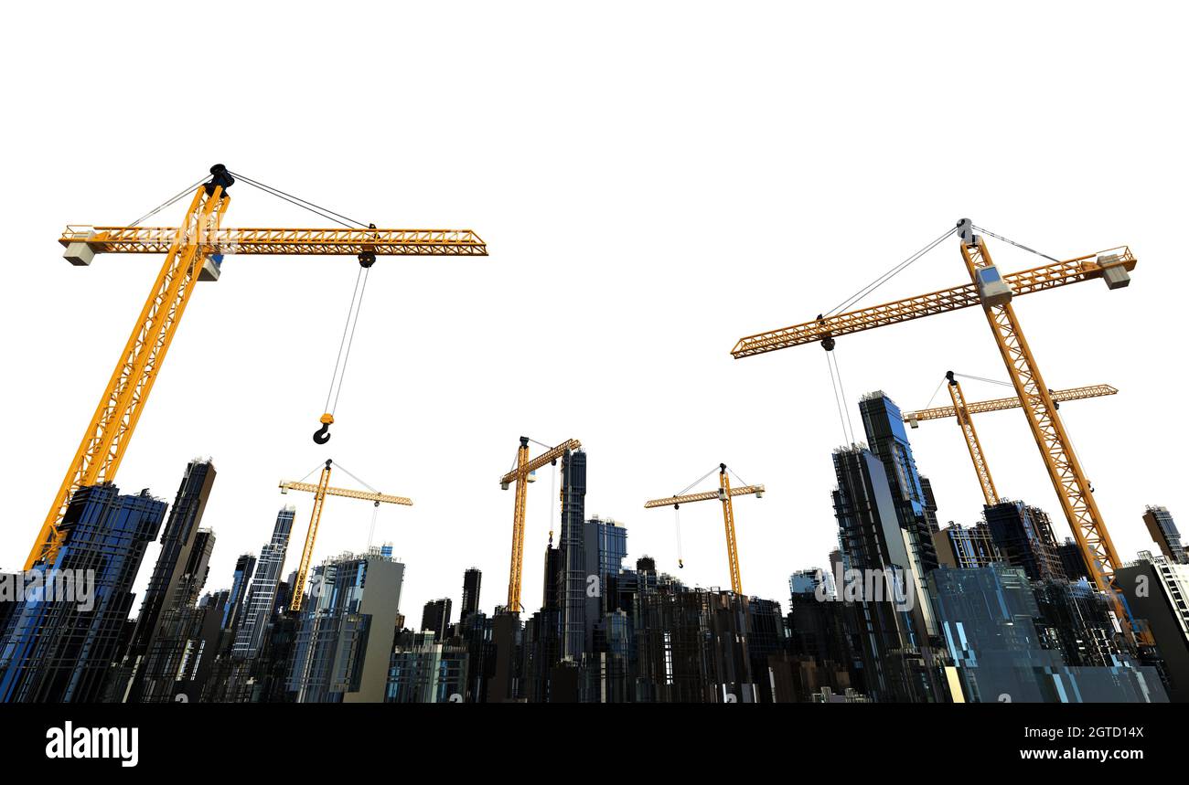 3d rendering yellow construction crane in city Stock Photo - Alamy