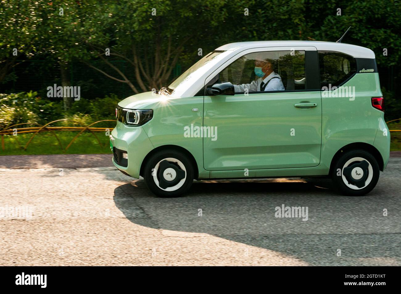 Moving shot of the Wuling Hongguang Mini EV Macaron taken in Suzhou ...