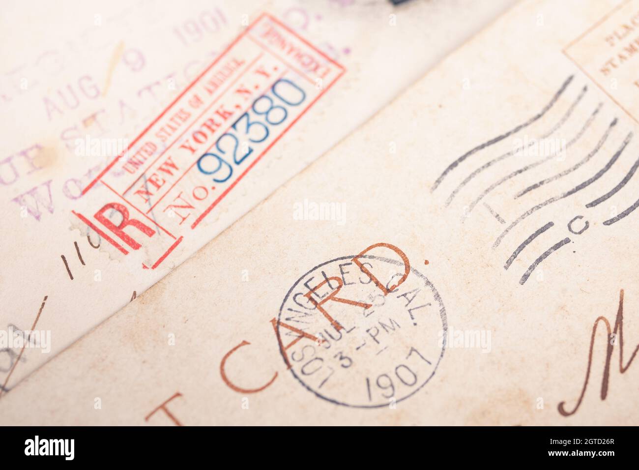 KYIV, UKRAINE, MAY 27, 2021. US Post postmark New York and Los Angeles ...