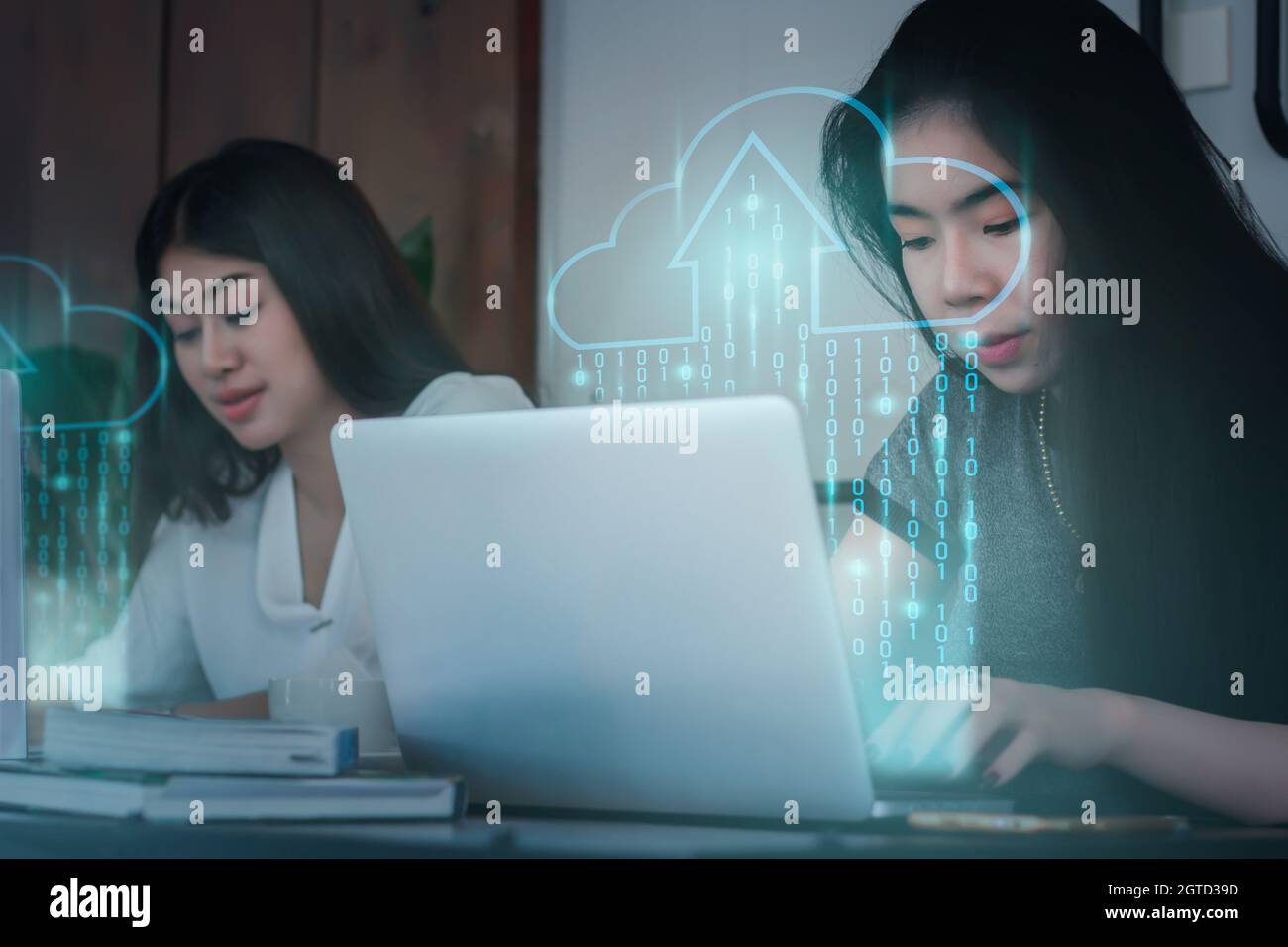 Young Asian women use computers to work from home. Icon cloud computing network and data ...