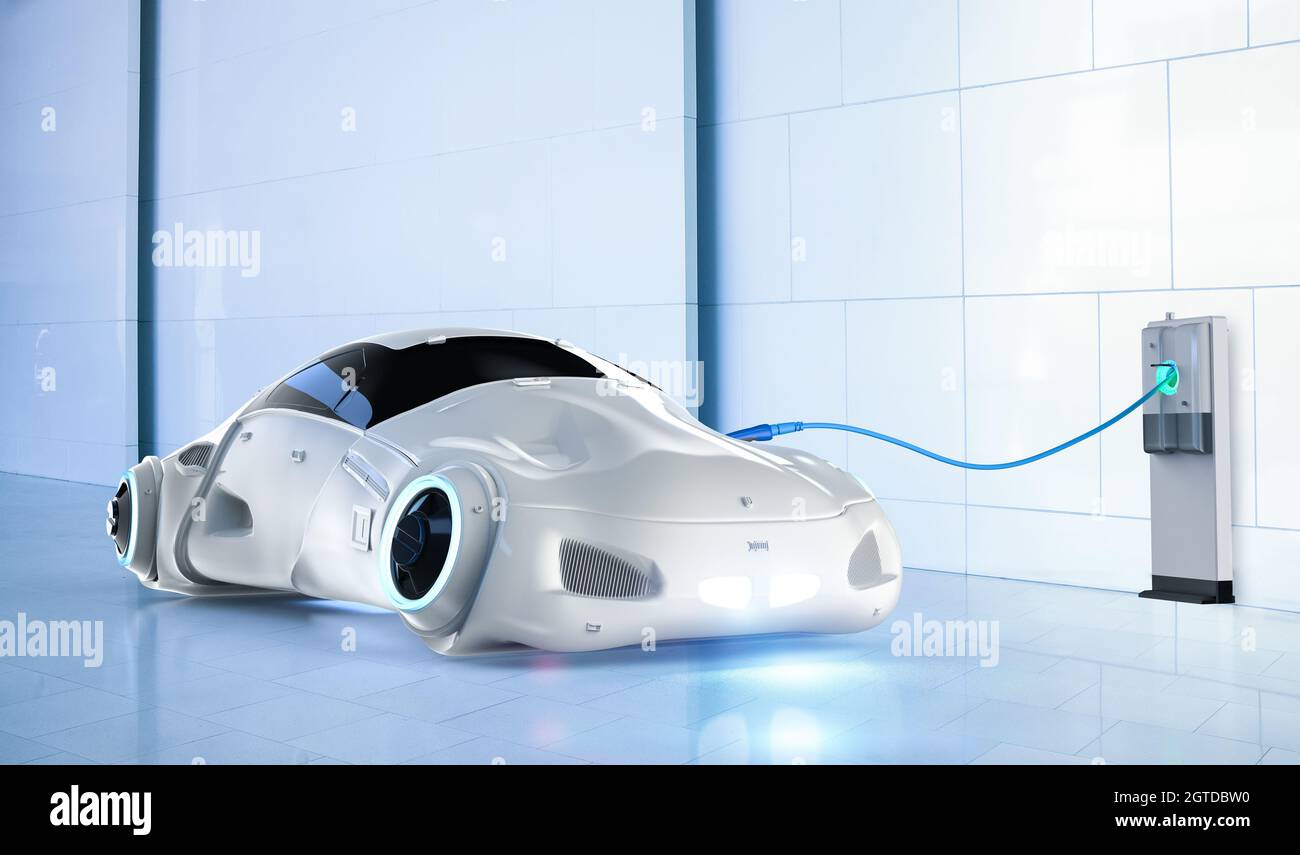 3d rendering driverless car or autonomous car plug in with ev charging ...