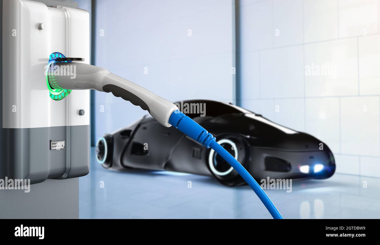 3d rendering driverless car or autonomous car plug in with ev charging ...