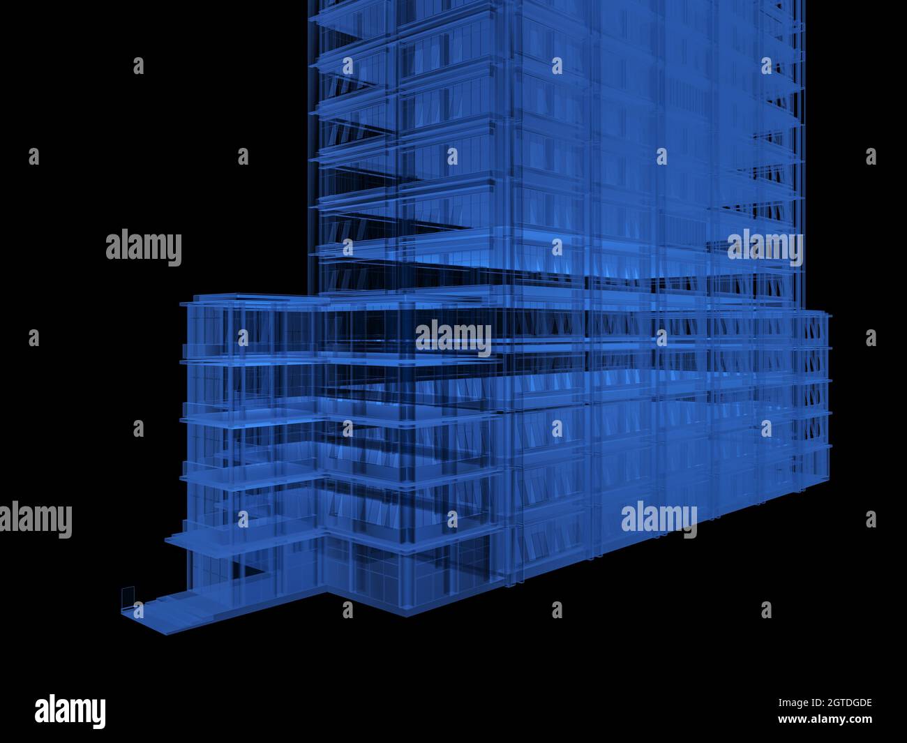 3d rendering x-ray high rise building exterior isolated on black ...