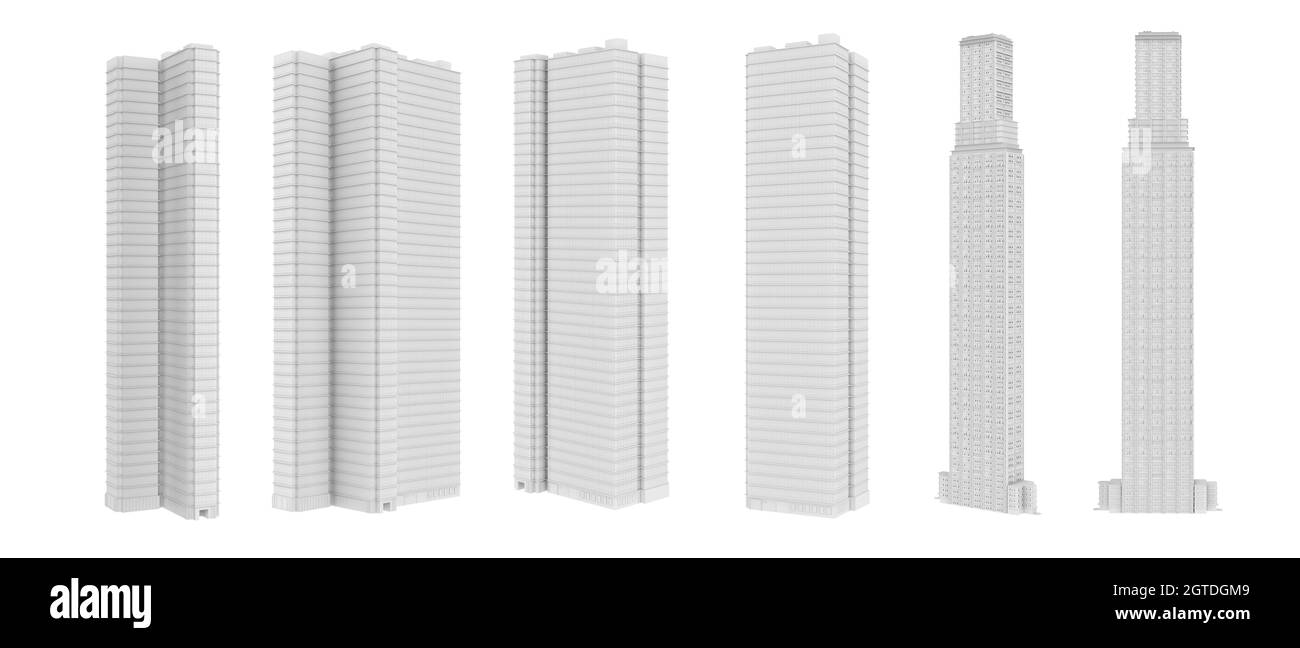 3d rendering white high rise building exterior isolated on white ...