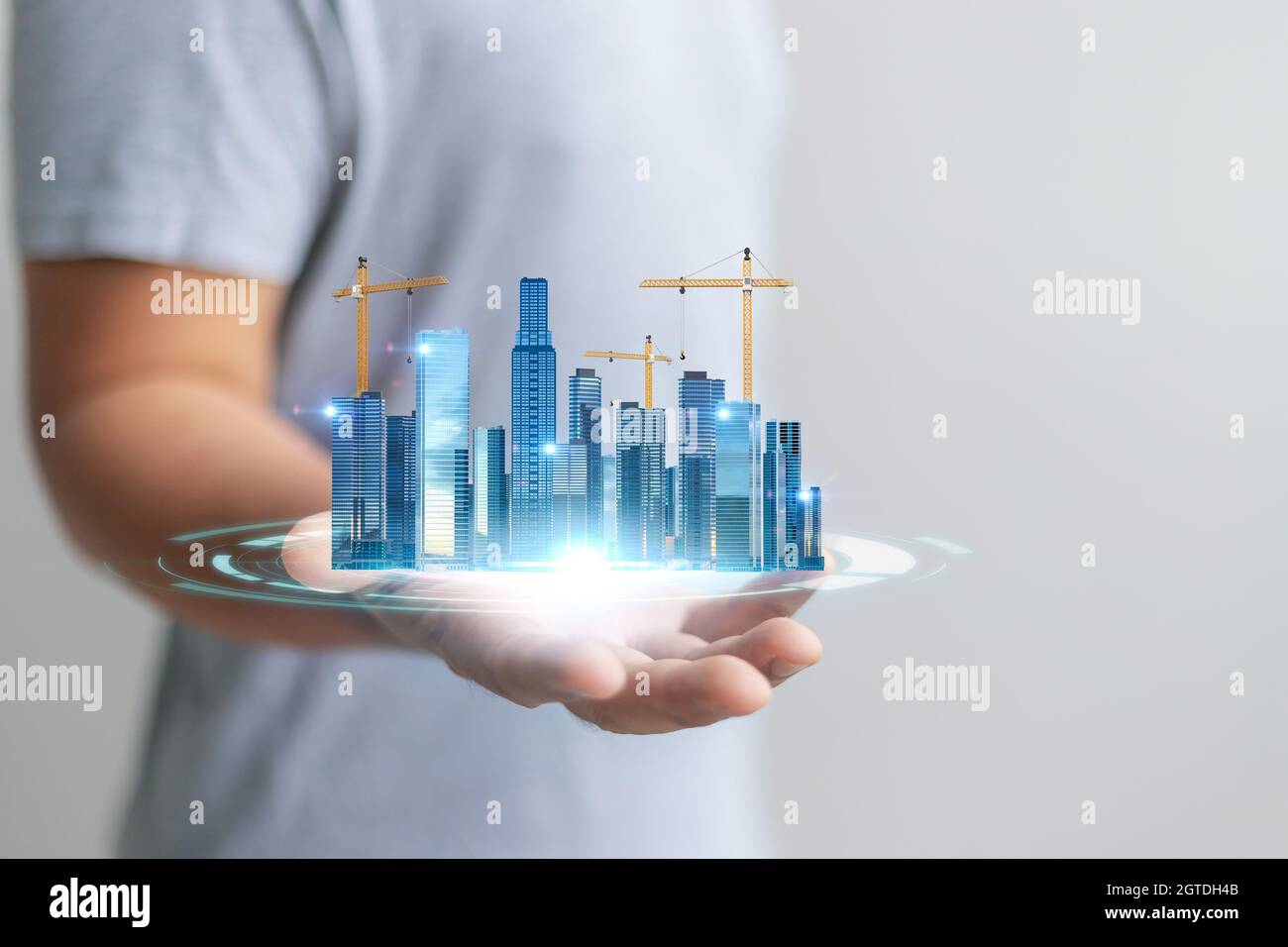 Smart city with 3d rendering high rise building and graphic Stock Photo ...