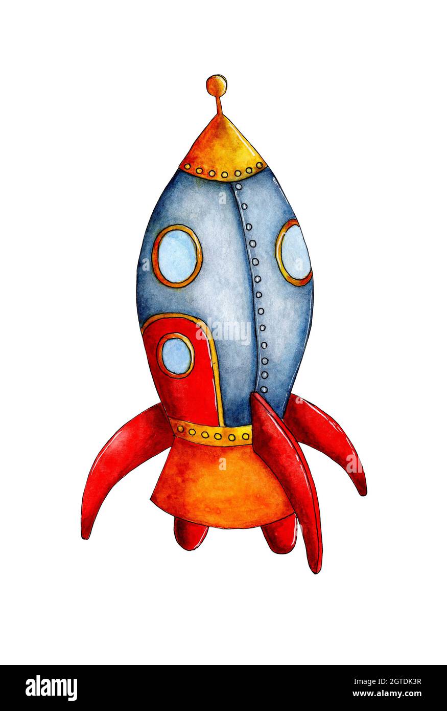 Watercolor illustration of a space rocket flying to the planets. The ...
