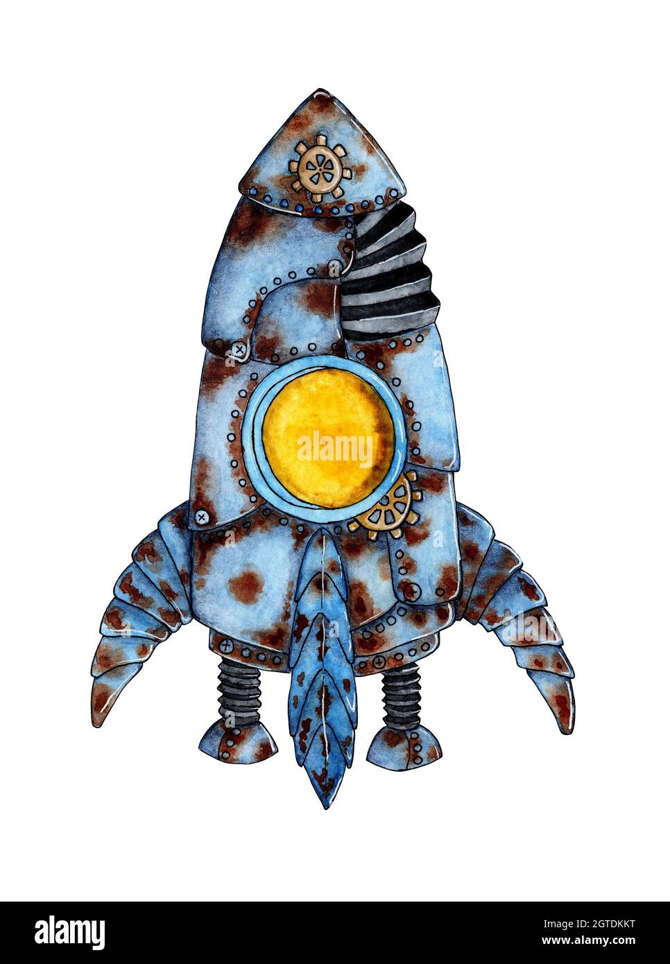 Children's watercolor illustration of a space rocket. An old spaceship ...