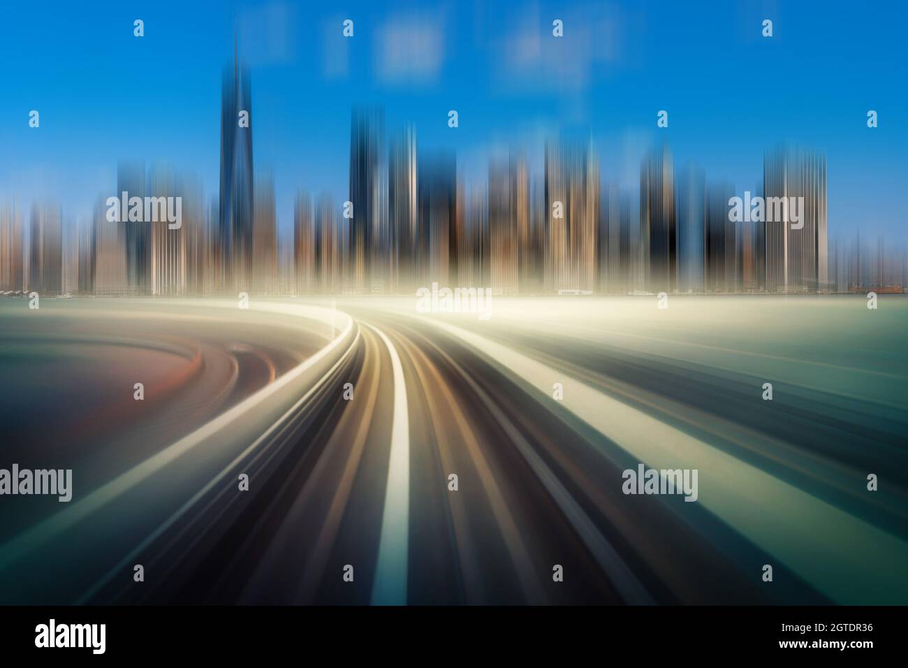 Futuristic scene Motion blur movement between elevated train line over ...