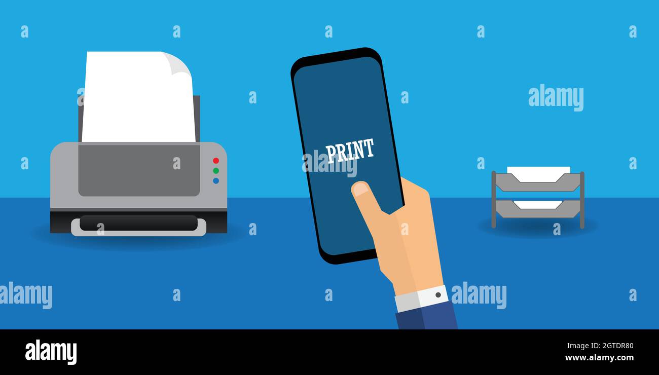 Hand holding a smartphone with the text print on the screen and printer ...
