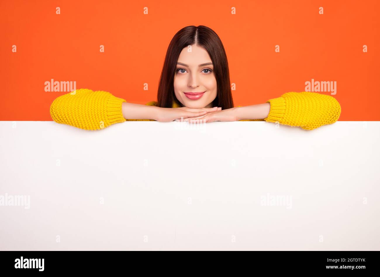 Photo of young woman happy positive smile hands on placard poster ...