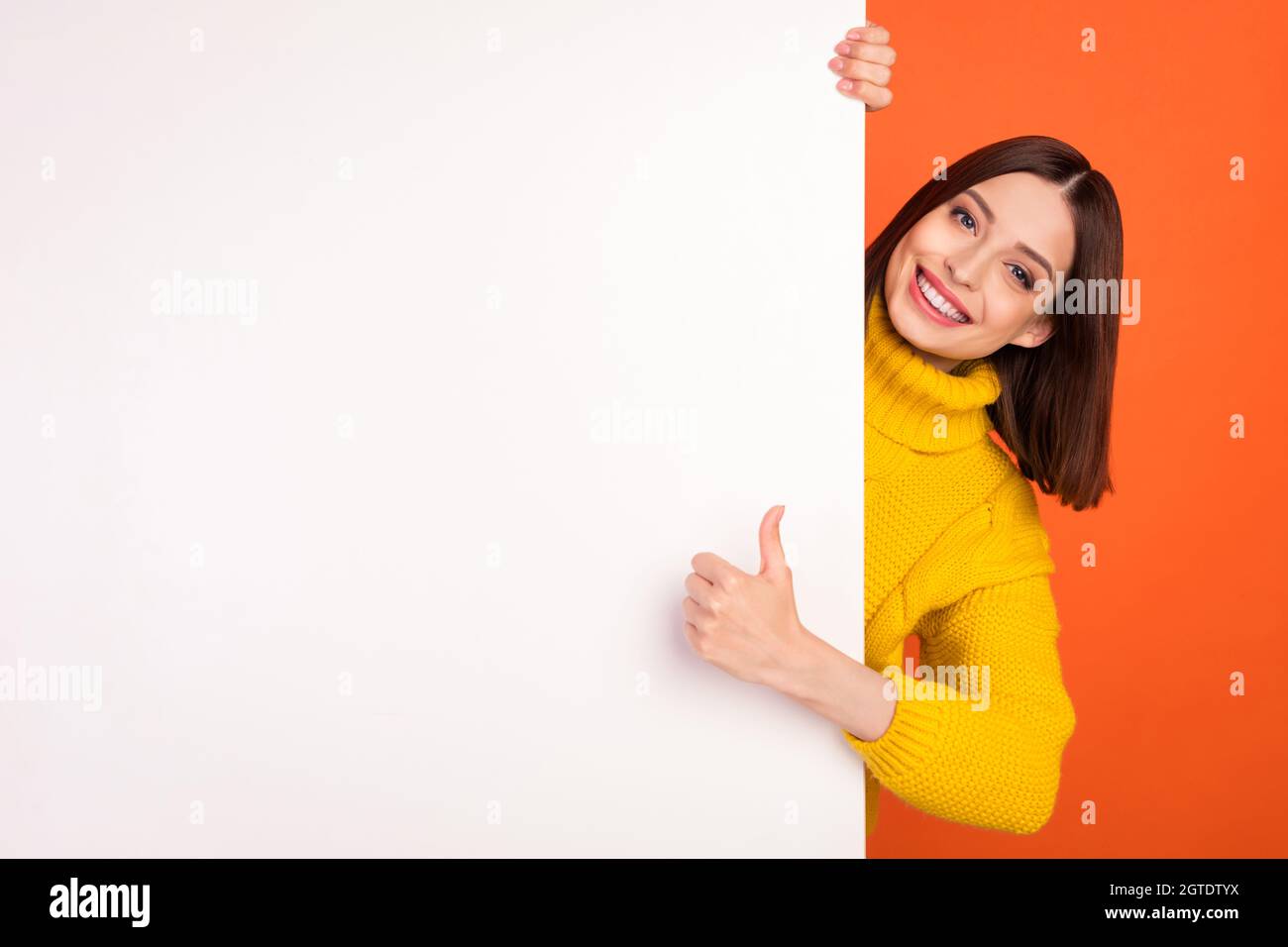Photo of young woman happy positive smile show thumb-up fine advert ...