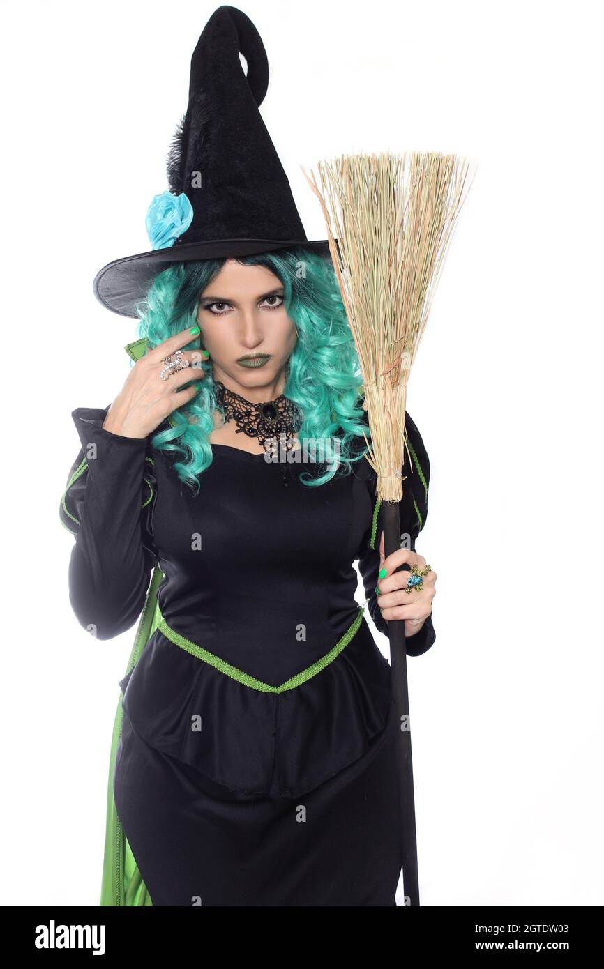 Witch on broom hi-res stock photography and images - Alamy