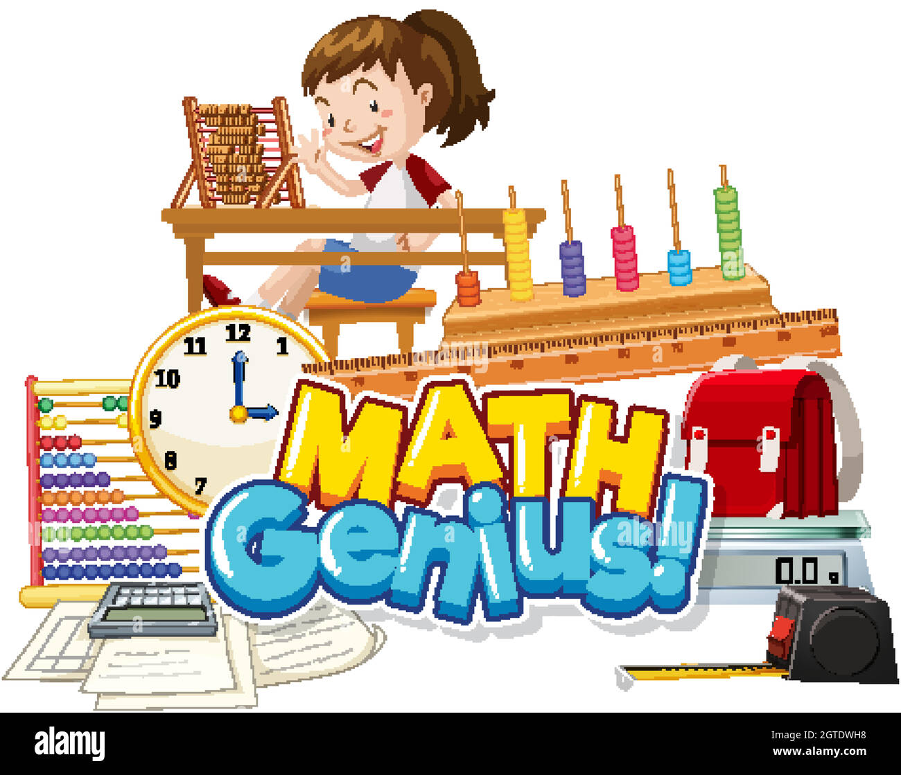 Font design for word math genius with girl and school item Stock Vector ...