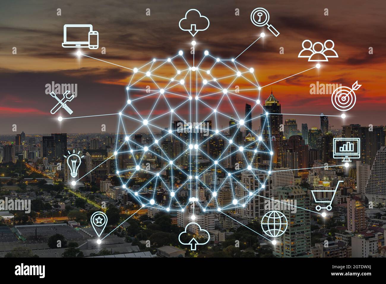 Polygonal brain shape of an artificial intelligence with various icon ... Polygonal brain shape of an artificial intelligence with various icon ...