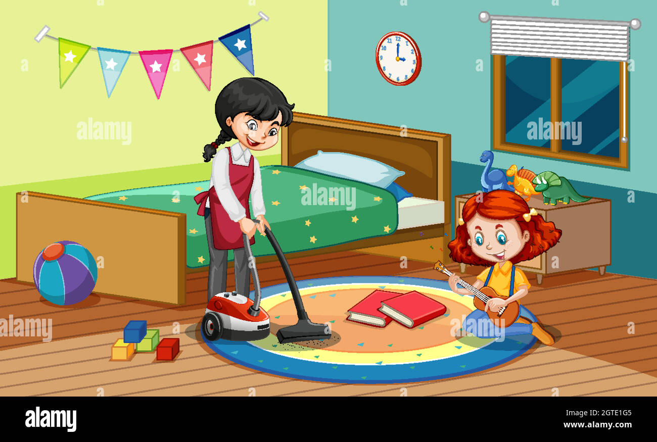 Indoor scene with two girls in the bedroom Stock Vector Image & Art - Alamy