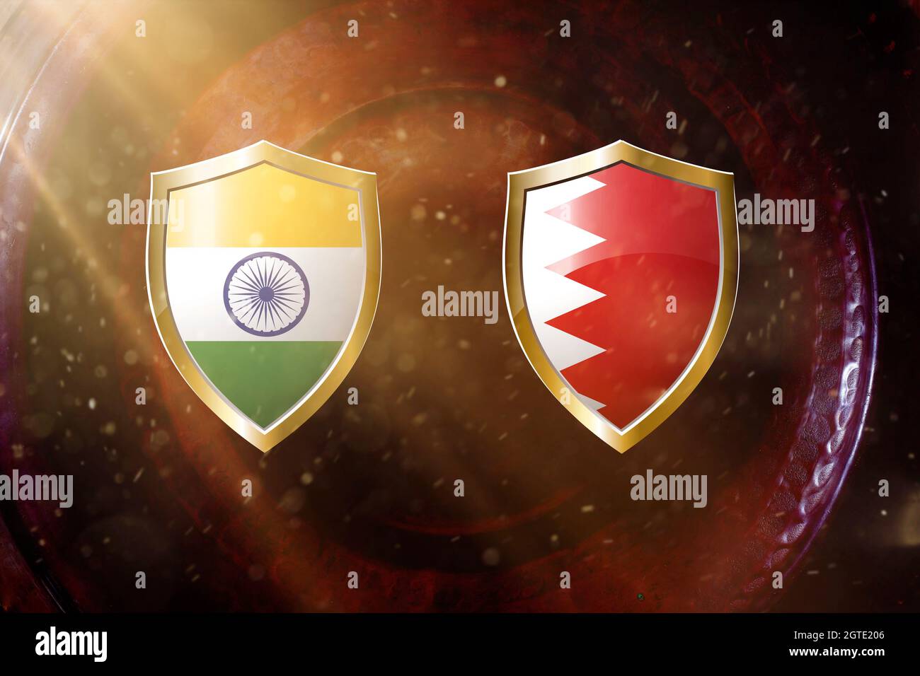 india and bahrain flag in golden shield on copper texture background.3d ...