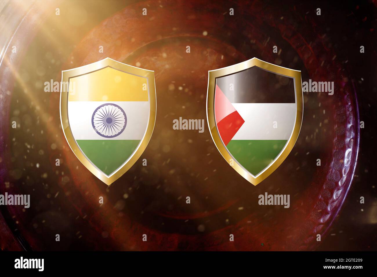 india and United Arab Emirates flag in golden shield on copper texture ...