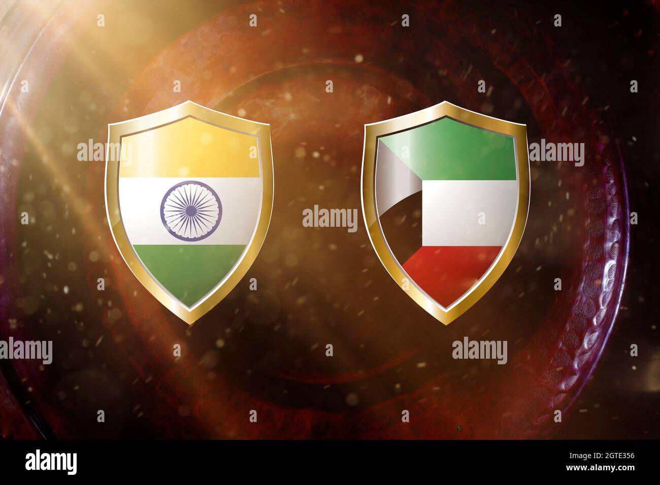india and kuwait flag in golden shield on copper texture background.3d ...