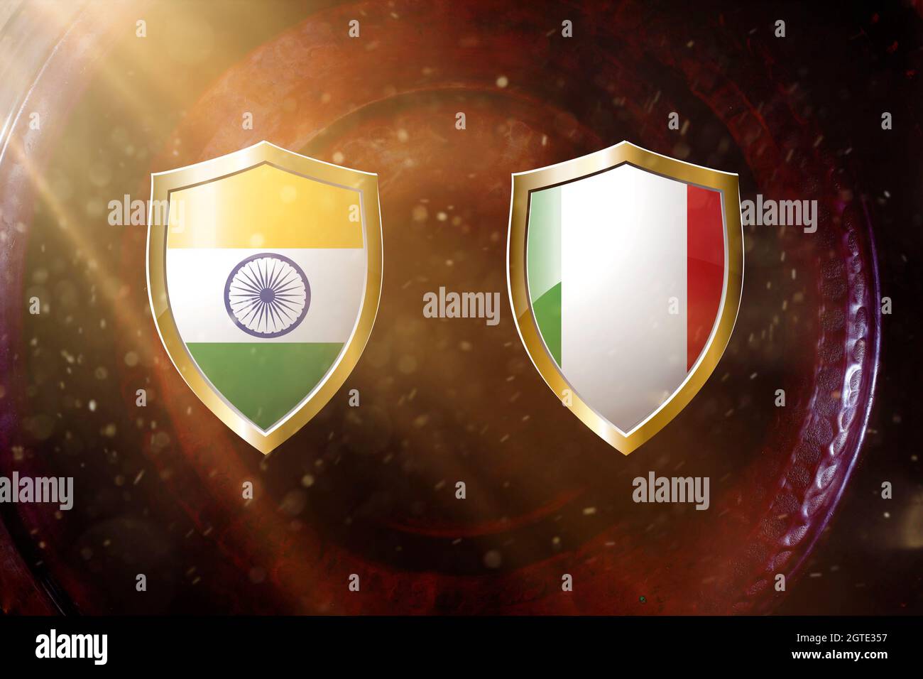 india and italy flag in golden shield on copper texture background.3d ...