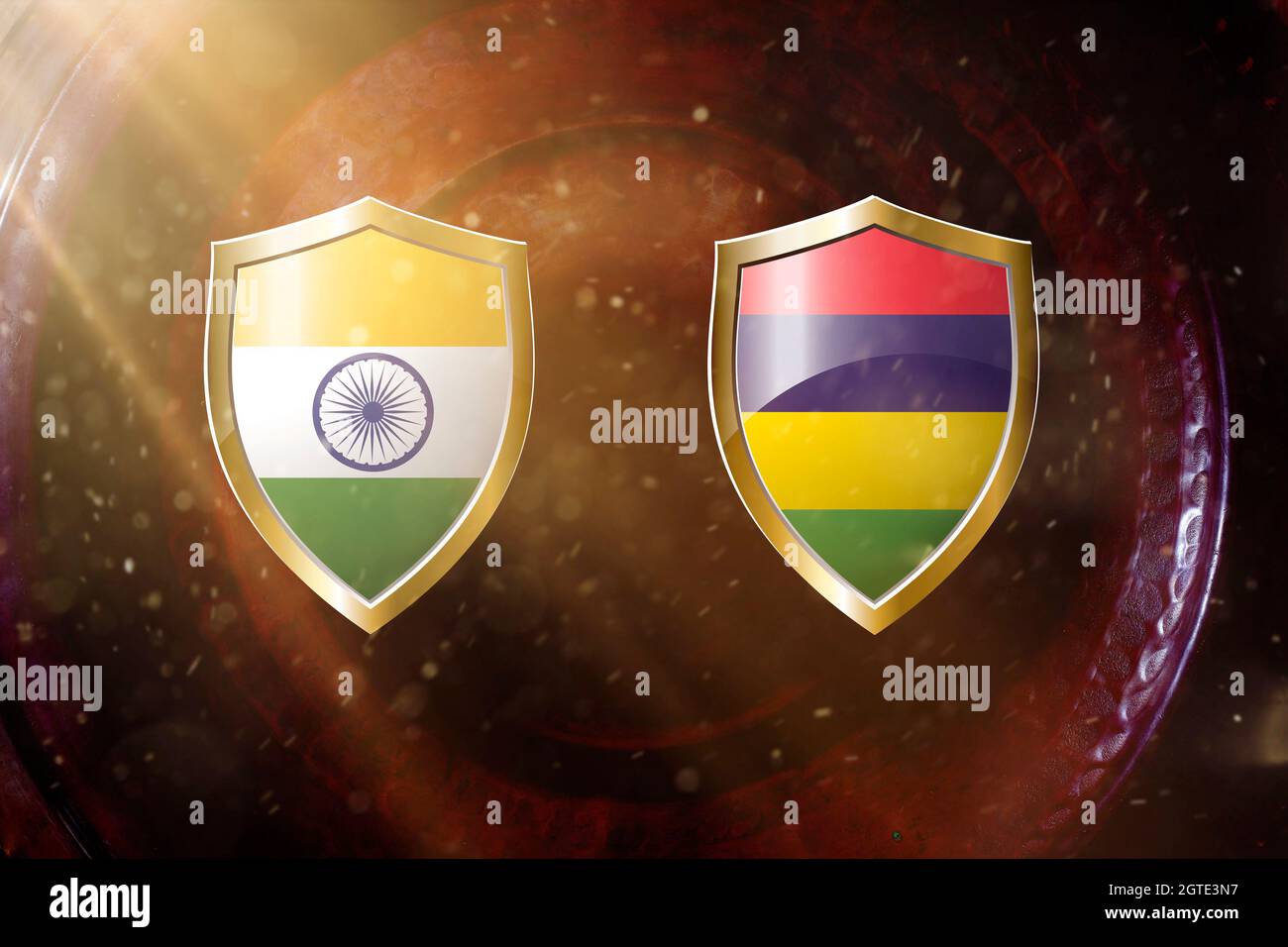 india and mauritius flag in golden shield on copper texture background ...