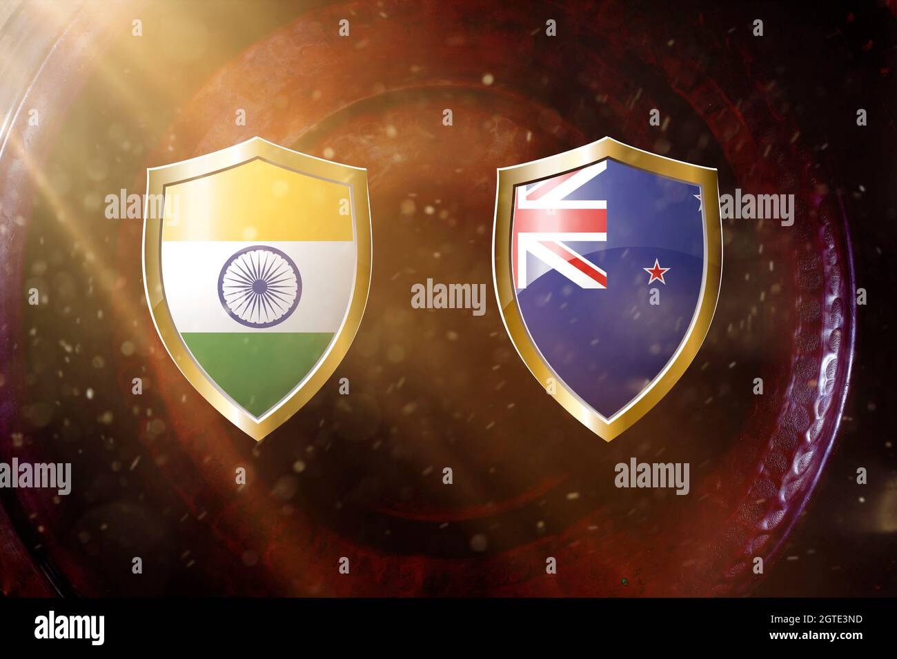 india and new zealand flag in golden shield on copper texture ...