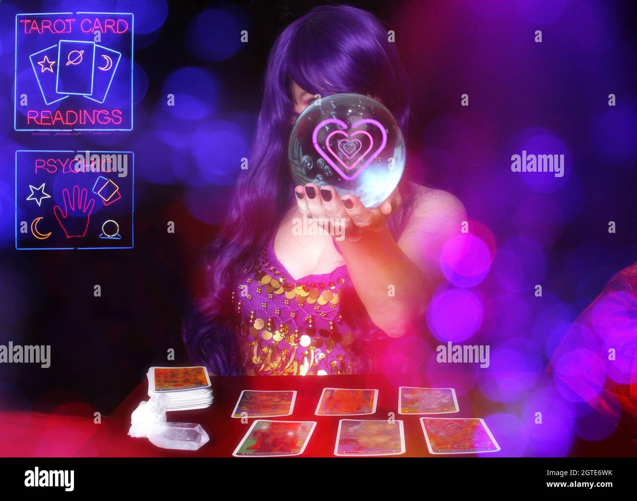 Psychic Tarot Card Reader With Vintage Neon Signs Stock Photo - Alamy
