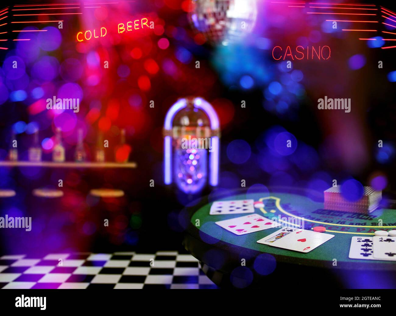 Miniature Poker Table Bar Scene Composite Image With Neon Signs Stock ...