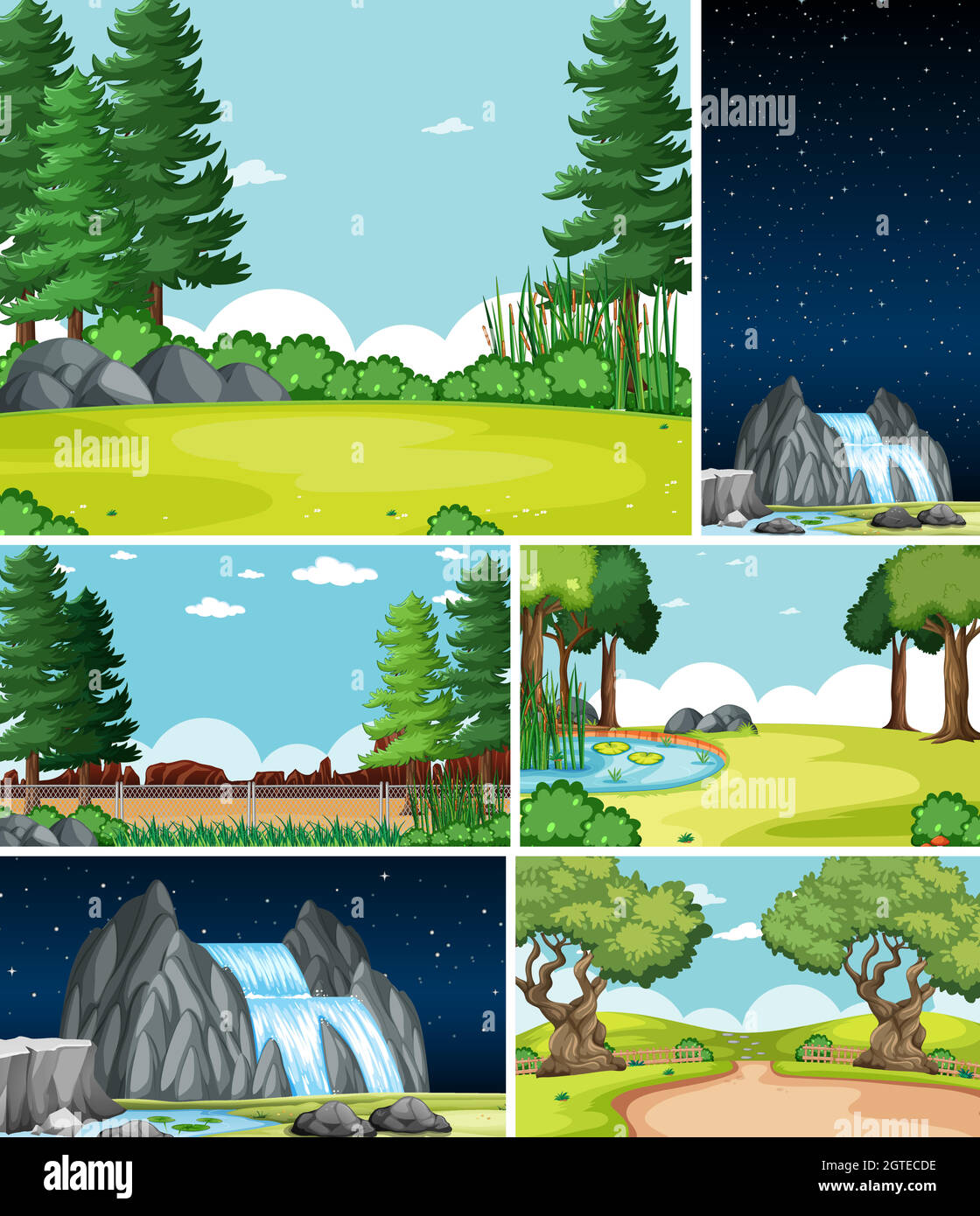 Six different scenes in nature setting cartoon style Stock Vector Image ...