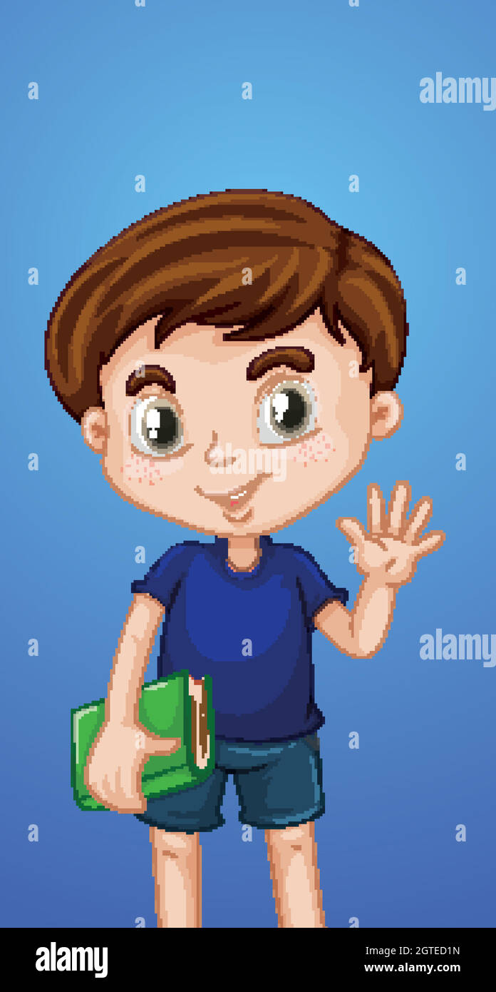 Happy boy with book waving hand Stock Vector Image & Art - Alamy