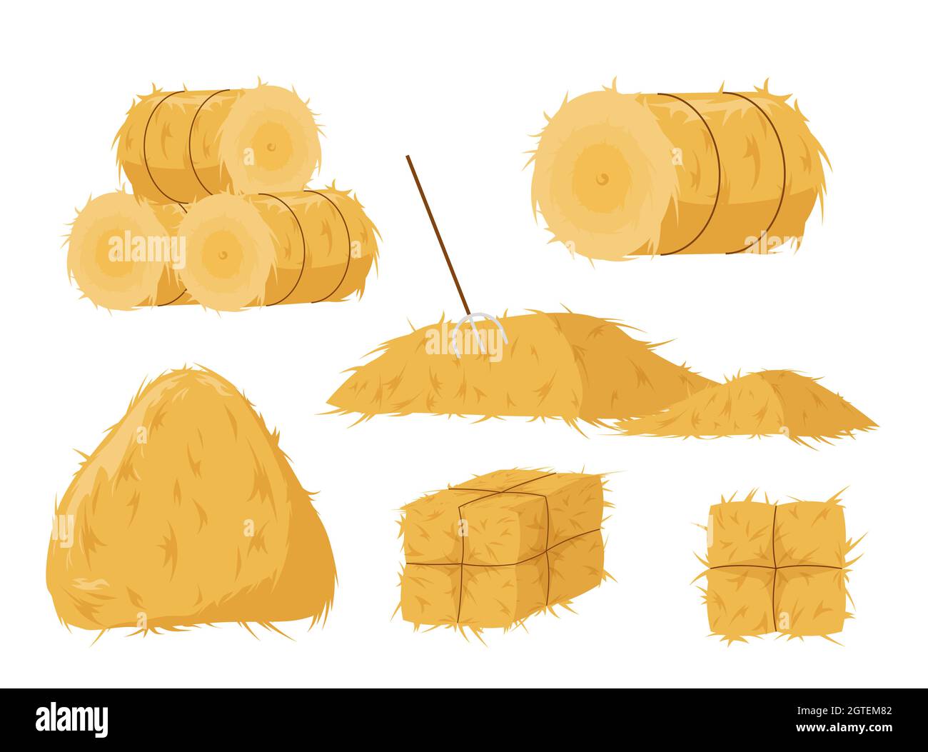 Haystacks of various shapes. Golden tied stacks of grass laid on top ...