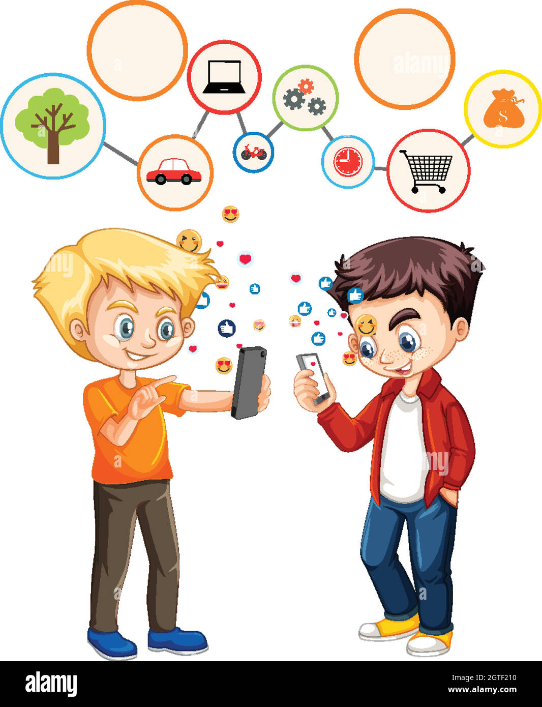 Boys using smart phone with social media icon theme isolated on white ...