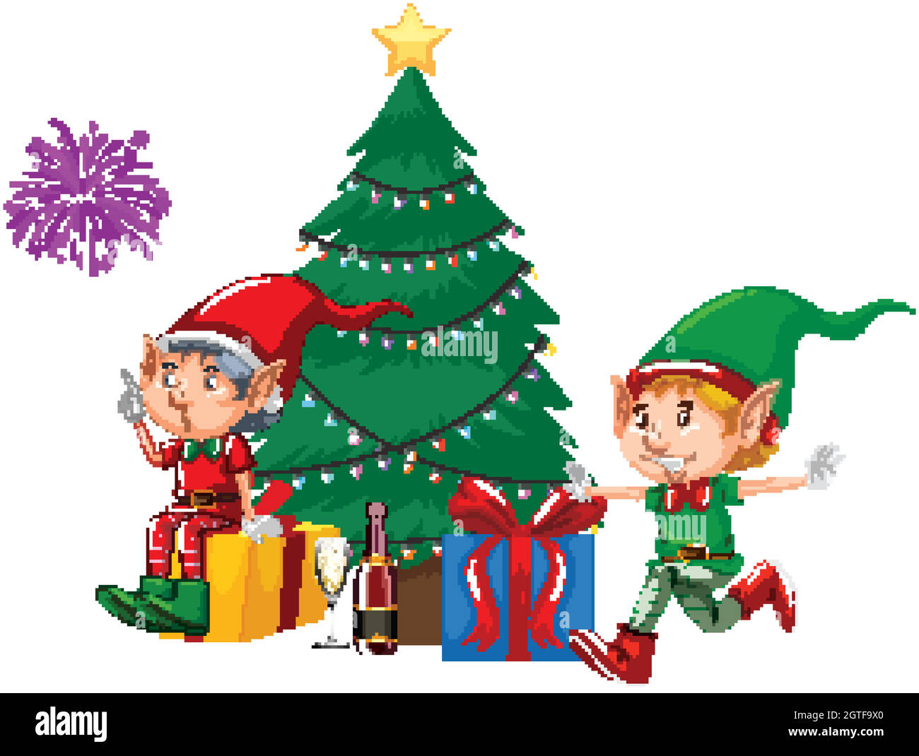 Two elves and presents by the christmas tree Stock Vector Image & Art ...