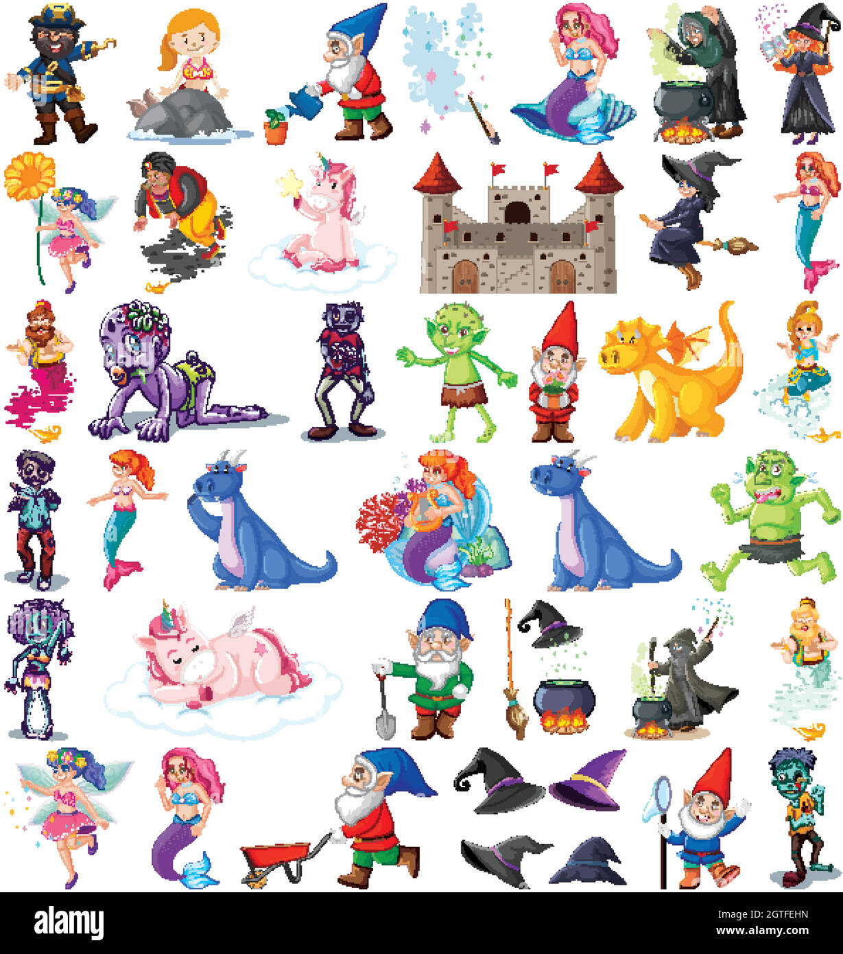 Set of fantasy cartoon characters and fantasy theme isolated on white ...