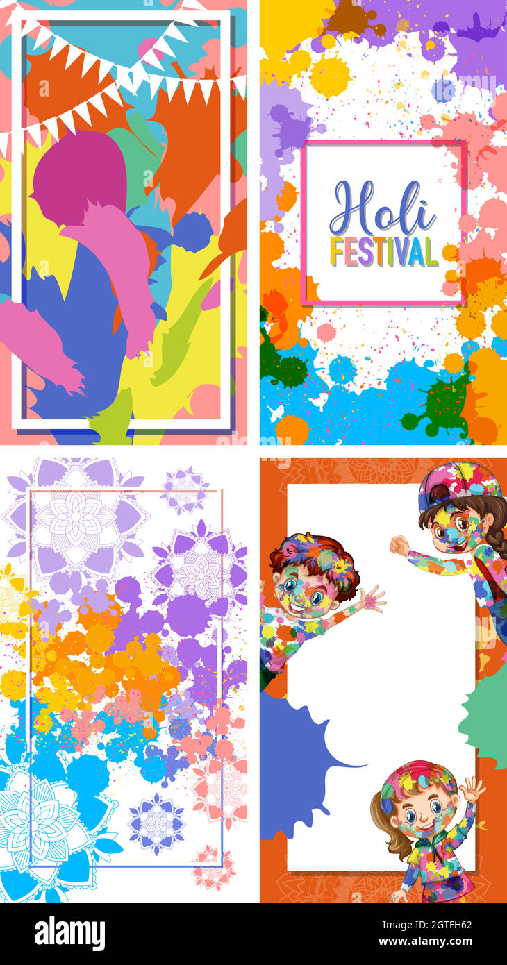 Four frame designs for holi festival in india with colorful background ...