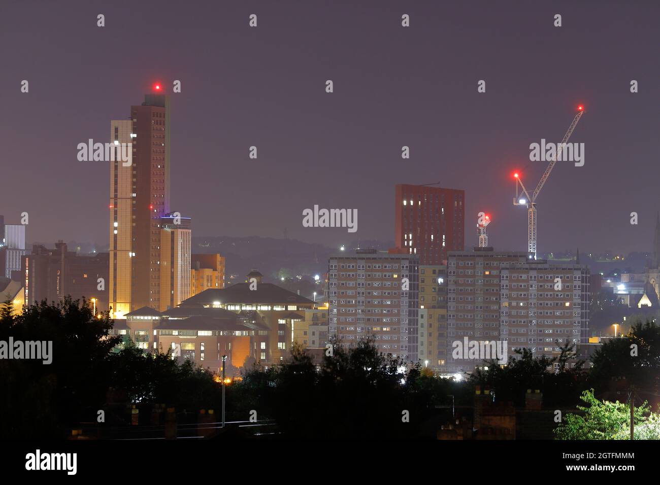 Leeds skyline at night. Sky Plaza 106m (left) Broadcasting Tower (back ...