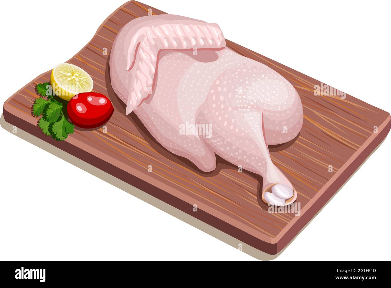 Vector illustration of Raw half chicken with skin arranged on wooden ...
