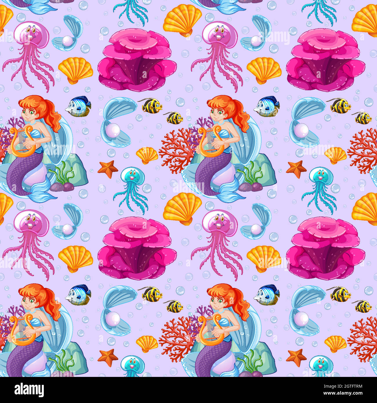 Seamless mermaid and sea animal cartoon style on purple background ...